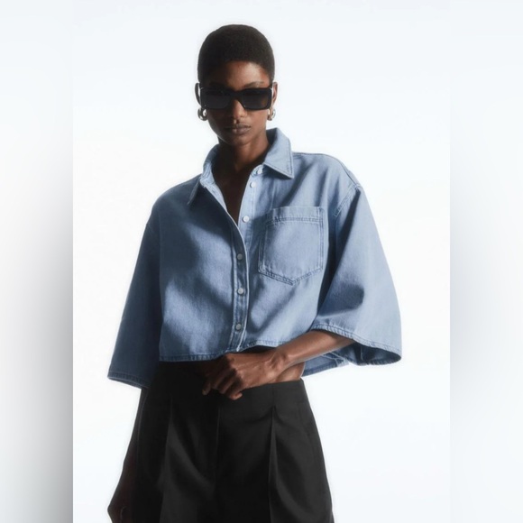 COS | Tops | Cos Blue Denim Cropped Oversized Button Down Shirt Jacket ...